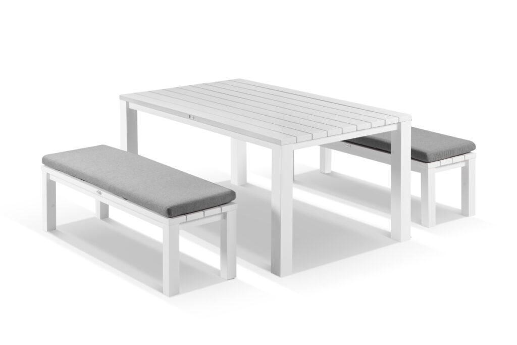 Cove Table 165cm and 2 Bench Seats with Cushions - White - Modern Style